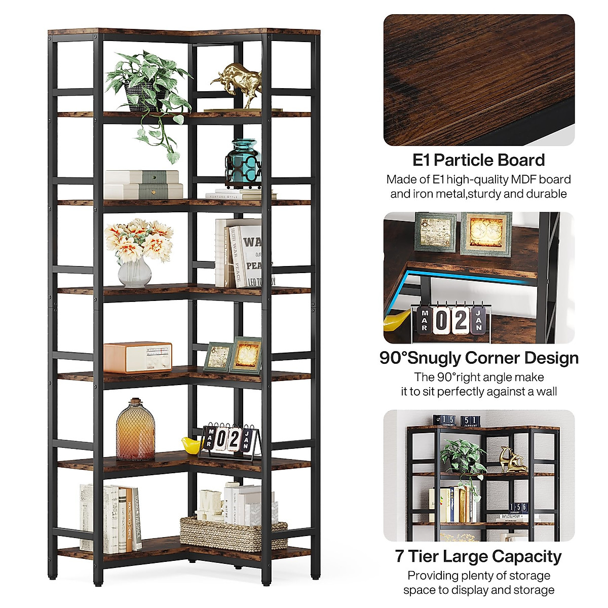 Tribesigns 78.74” Tall Corner Shelf, 7 Tier Industrial Corner Bookcase Storage Display Shelves for Living Room Home Office, Rustic Brown