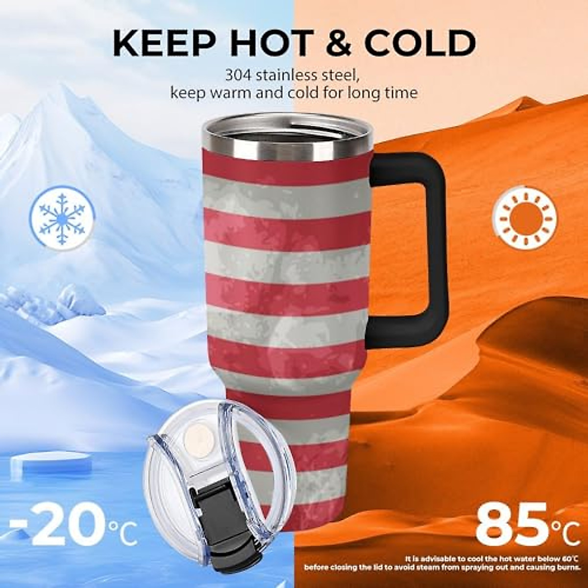 Water Bottle with Lid And Straw, Large Capacity Red Blue White American Flag 40 oz Travel Stainless Steel Cups, Handle Insulated Tumblers for Men, Women