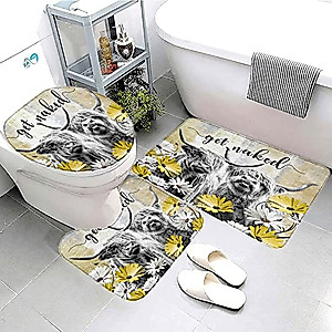 Bcsewcg Get Naked Floral Shower Curtain and Bath Mat Set, Farmhouse Highland Cow Funny Western Bull Bathroom Mat Set with Contour Toilet Mat, Mat and Toilet Lid Cover 69x70 Inch