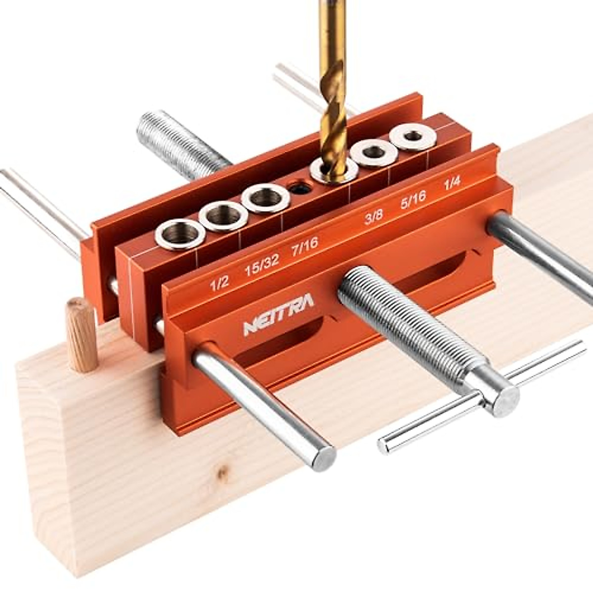 Neitra Self Centering Doweling Jig - 6 Drill Guides for Straight Holes, Adjustable Width Up to 6.75", All Metal Drilling Hole Kit for Wood Dowel Jig, Professional Woodworking Joints Tool