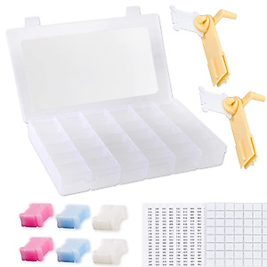 Embroidery Floss Cross Organizer Box Tools - Bobbin Winder, 1 Removable 36 Compartments with 120 Hard Plastic Floss Bobbins and Floss Number Stickers for Craft DIY Embroidery Sewing Storage(127pcs)