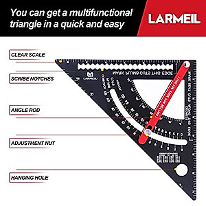 LARMEIL Carpenter Square, 7 inch Woodworking Tools Framing Square, Carpenter Tools and 2 Pencils Combination Square, Adjustable Angle Triangle Ruler, Metal Rafter Square (Angular Positioning Square)