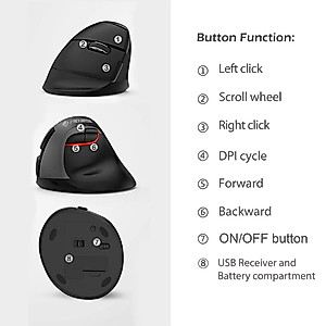 J-Tech Digital Wireless Ergonomic Vertical Mouse for Small Hands with USB Nano Transceiver, AA Battery, 3 DPI, Compatible with Mac and PC, Black [V628M-2.4G]