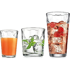 Le'raze Drinking Glasses Set of 18 Clear Glass Cups - 6 Highball Glasses 17oz, 6 Rocks Glasses 13oz, 6 DOF Glasses 7oz, Bubble Design Glassware Set for Water, Juice, Wine, Cocktails, & Beer Glasses.