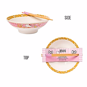 Silver Buffalo Sanrio Hello Kitty Pink and Gold Japanese Pattern with Flowers Ceramic Ramen Noodle Rice Bowl with Chopsticks, Microwave Safe, 30 Ounces