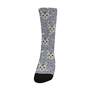Custom Print Your Photo Funny Pet Face Socks, Personalized Fish Bones, Cat and Dog Tracks Paws Gray Crew Socks with Pictures for Men Women