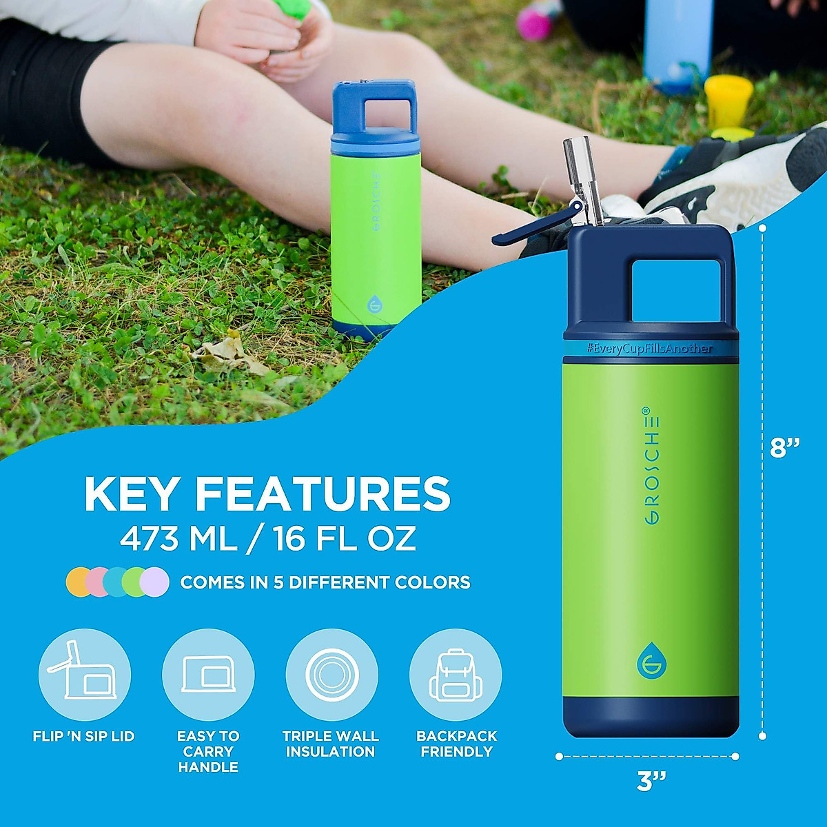 GROSCHE Alpine Flip n' Sip 16oz Insulated Kids Water Bottle - Stainless Steel, Leakproof Flask with Straw - Perfect for Gym, Travel & Outdoor Use - Keeps Water Cold upto 60 hrs - Dino Green