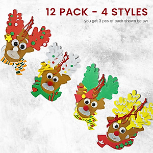 4E's Novelty Reindeer Christmas Ornament Craft for Kids (12 Pack) Updated Edition - Foam Bulk Arts and Crafts Kit for Kids Toddlers 4-8 DIY Craft Party Favor Activity Project