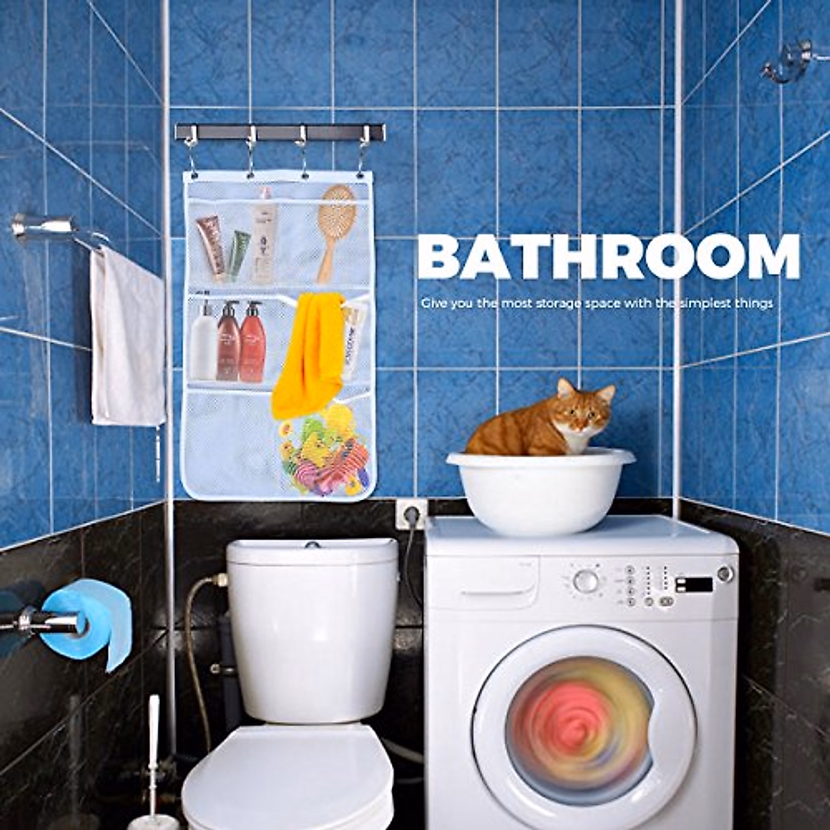 Yihoon Mesh Shower Caddy Curtains Organizer - Hanging Bathroom Shower Curtain Rod/Liner Hooks Accessories with 6 Pockets Save Space in Small Bathroom Tub 4 Rings