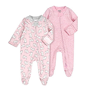 Teach Leanbh Baby Boys Girls Footed Pajamas with Mittens Cotton Long Sleeve 2 Way Zipper Romper Jumpsuit Sleep and Play 0-12 Months (Pink stripes/Cat, 0-3 Months)