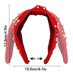 Zkptops Baseball Knotted Headband for Women Fun Sports Team Game Day Twisted Top Knot Headbands Crystal Pearl Jeweled Head Band Fashion Sparkly Hairband Accessories Gifts for Sports Fans(Red)