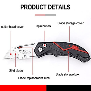 AIRAJ PRO Utility Knife,Heavy Duty Folding Box Cutter,Quick-Change Folding Razor Knife,Pocket Carpet Knife with 13 Sharp SK5 Stainless Steel Blades,Blade Storage Design
