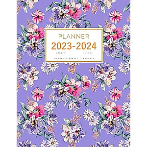 Planner July 2023-2024 June: 8.5 x 11 Large Notebook Organizer with Hourly Time Slots | Colorful Sketched Flower Design Blue-Violet