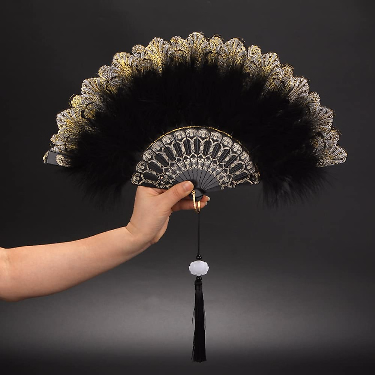 Huralona 1920s Vintage Style Flapper Hand Fan Embroidered Flower Marabou Feather Fan (Embroidered Black)