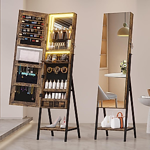 jajov 47.2" LED Jewelry Cabinet Armoire, Standing Full-Length Mirror With Jewelry Storage, Jewelry Organizer Armoire, Lockable Jewelry Mirror Cabinet (Rustic Brown)