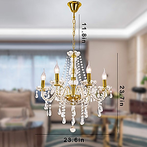 Gold Color Luxurious Candle Crystal Chandelier, 6 Lights K9 Modern Crystal Chandelier for Dining Room, Glass Ceiling Pendant Lamp for Living Bedroom Lighting Hall Balcony (6 Lights, Gold)