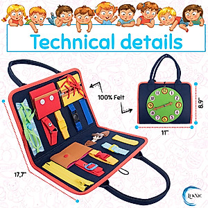 LukNic Busy Board Montessori and Sensory for Toddlers Toys for Children Learning Tool for Kids Portable Blue Felt Bag with Zipper Clock Activiti Kit