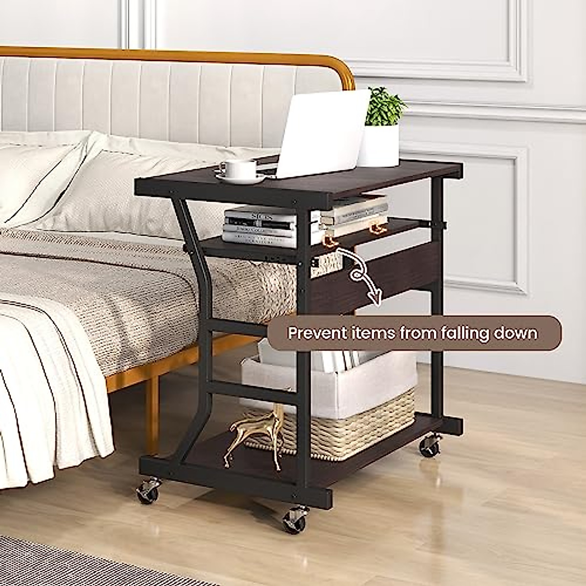 Tangkula Mobile Computer Desk with Keyboard Tray, Portable Small Rolling Desk with Mouse Tray & Bottom Storage Shelf, Rolling Laptop PC Desk Cart with Lockable Wheels for Small Space (Brown)