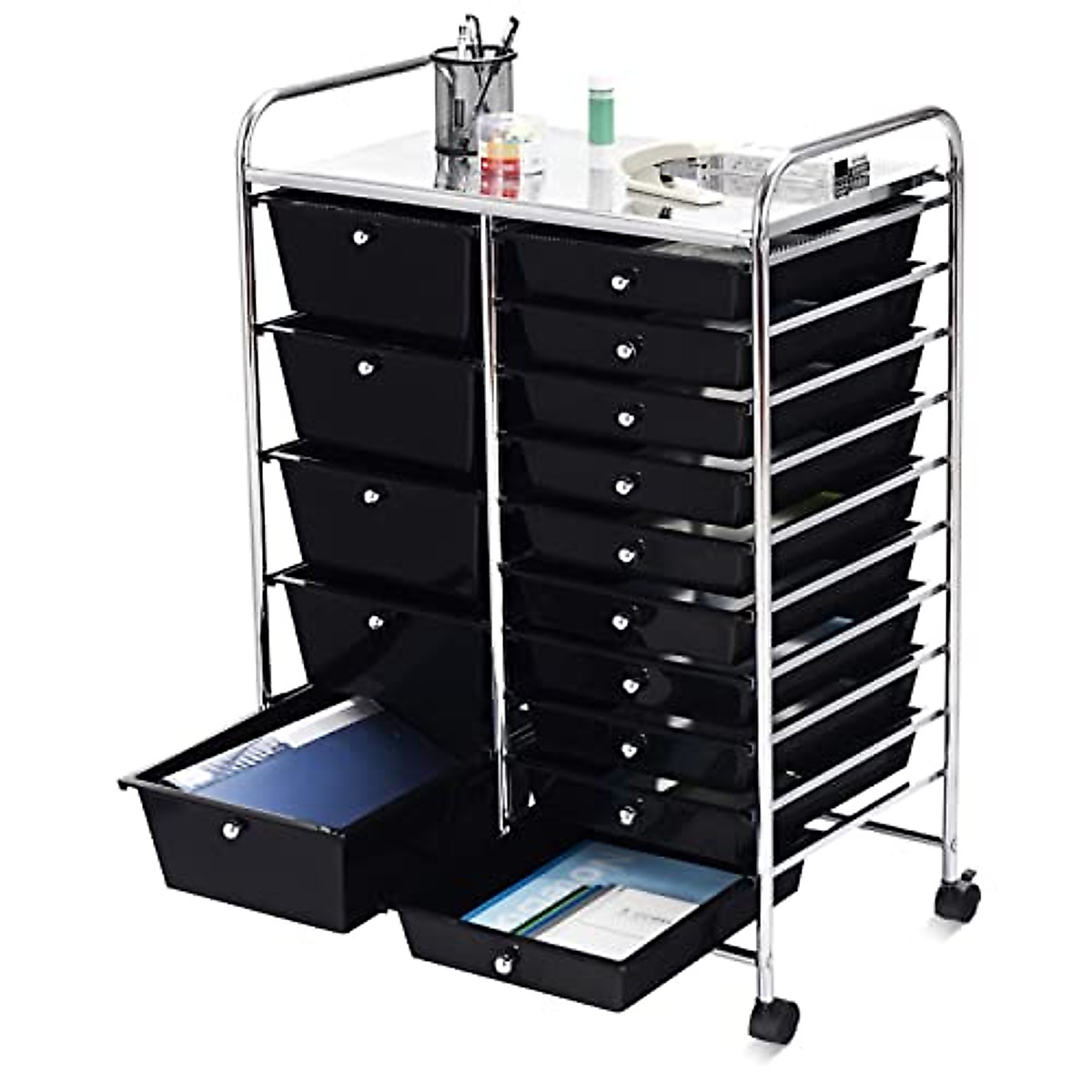 Recollections 15 Drawer Rolling Organizer Cart - Universal Rolling Cart and Organizer with Drawers for Office Multi-Use Storage (Black)