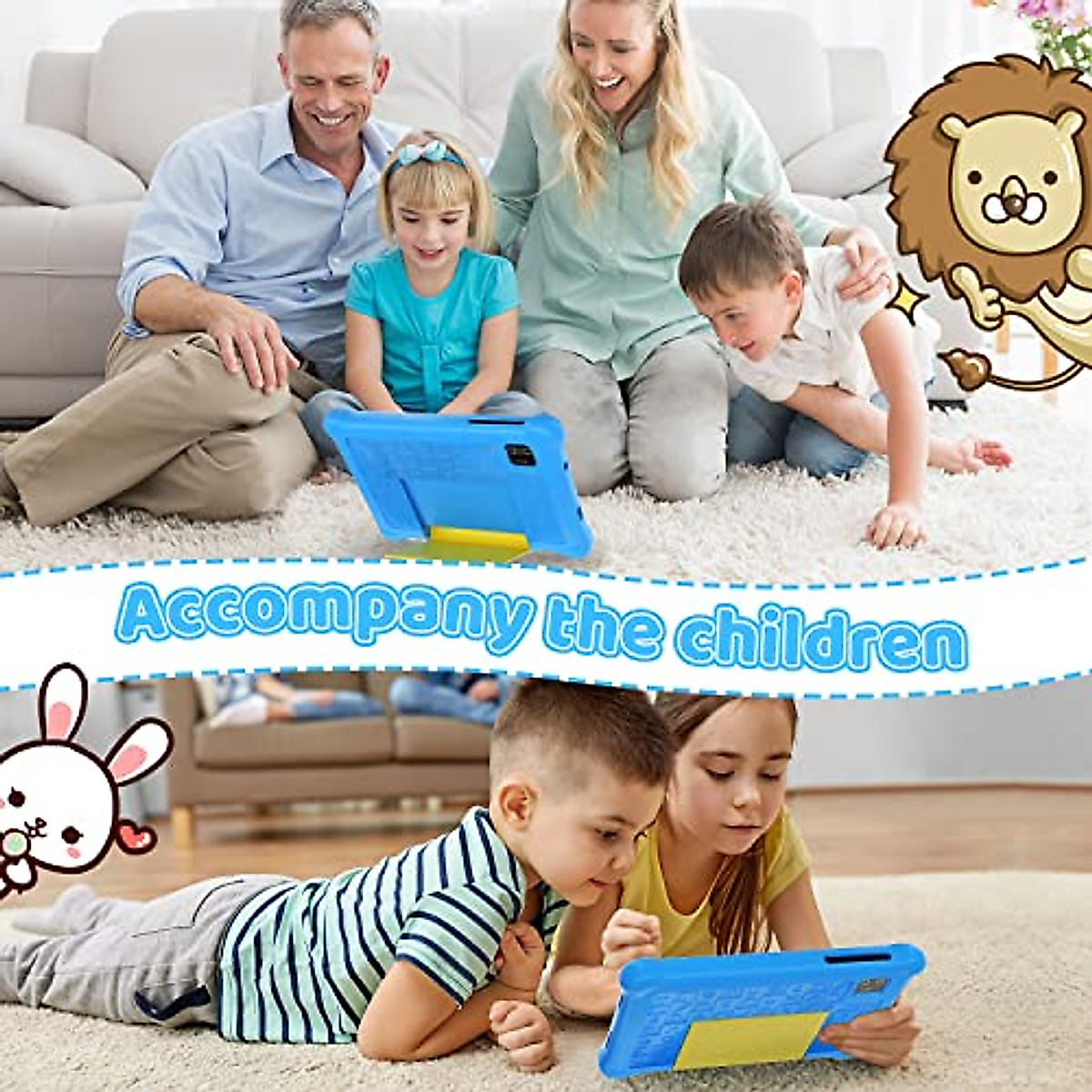 Kunleba 7 Inch Kids Tablet Andriod 11 Tablet for Kids Quad Core Processor 2GB RAM 32GB ROM 128GB Expansion 3500mAh Parental Control Learning Tablet Portable Shockproof Case (Blue)