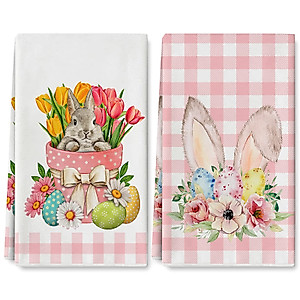 AnyDesign Easter Kitchen Towel Easter Rabbit Bunny Egg Floral Dish Towel Watercolor Pink White Buffalo Plaids Hand Drying Tea Towel for Spring Holiday Cooking Baking Cleaning, 18 x 28, 2 Pack