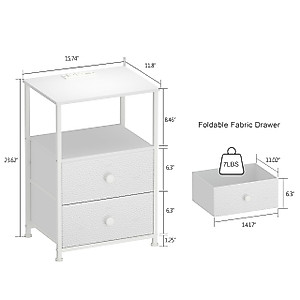 Tohomeor Sofa End Tables with Charging Station LED Light Nightstand Bedroom Bed Side Dresser with Fabric Drawers Open Storage Shelf Living Room with USB Ports and Outlet (White, 1 Pack)