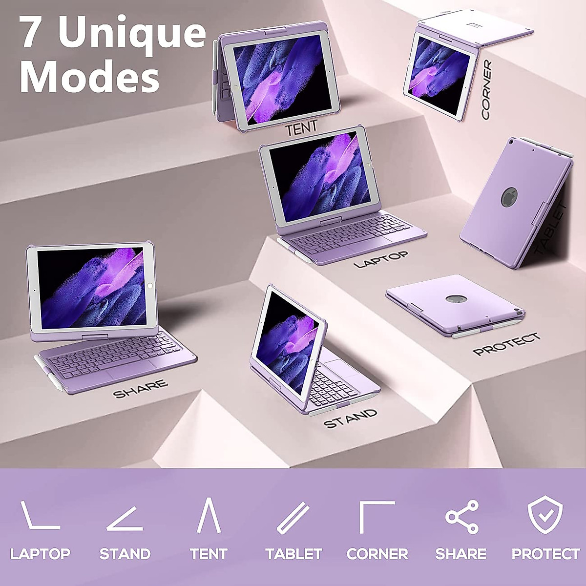 Touchpad Keyboard Case for iPad 10.2 9th/8th/7th Gen, Keyboard Case for iPad 9th Generation/8th/7th Gen-360° Rotatable Protective Cover for iPad Keyboard 9th/8th/7th Gen with Pencil Holder (Purple)