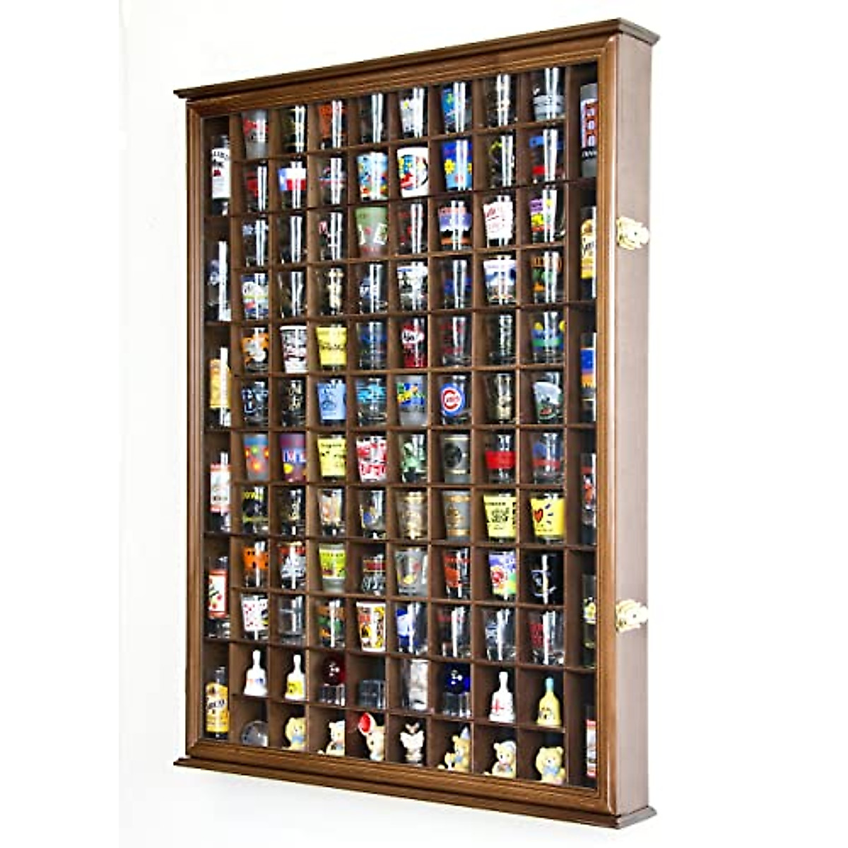 108 Shot Glass Shotglass Shooter Display Case Holder Cabinet Wall Rack 98% UV Lockable Door -Walnut