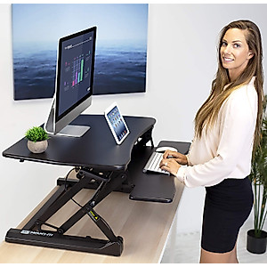 Mount-It! Height Adjustable Standing Desk Converter | 35” Wide Desktop | Sit-Stand Desk with Gas Spring Handle | Stand Up Computer Workstation Fits Dual Monitors | Black (MI-7955)
