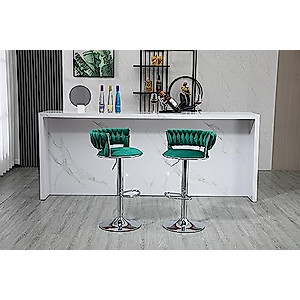 Kakotito 360° Velvet Swivel Bar Stools with Low Back & Footrest, Adjustable Counter Barstools, Silver Bar Stool (Set of 2 - Silver Version, Emerald)