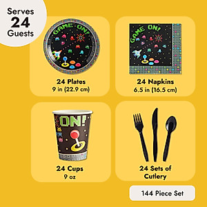 Juvale 144-Piece Retro Video Game Party Supplies - Includes Plates, Napkins, Cups, and Cutlery for Arcade Birthday Party Decorations (Serves 24)