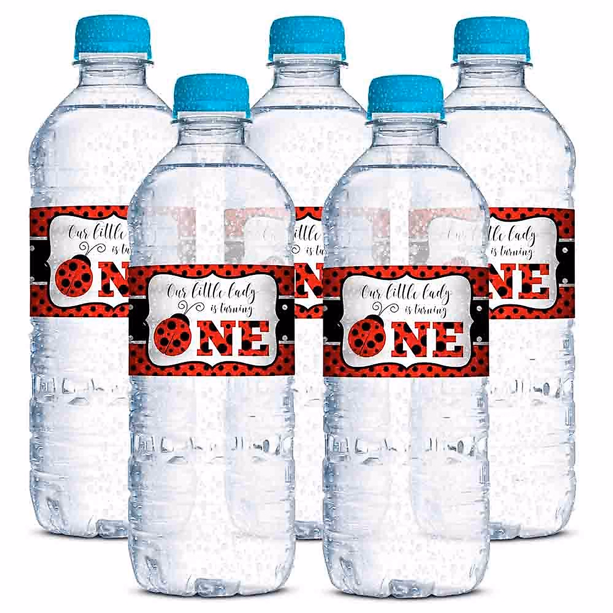 Red Ladybug First Birthday Party Waterproof Water Bottle Sticker Wrappers, 20 1.75" x 8.5" Wrap Around Labels by AmandaCreation