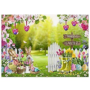 Easter Backdrop, Easter Bunny Photo Backdrops for Photography 7x5ft, Farmhouse Happy Easter Day Lily Tulips Back Drops Background for Pictures Spring Easter Party Decorations Banner Booth Props