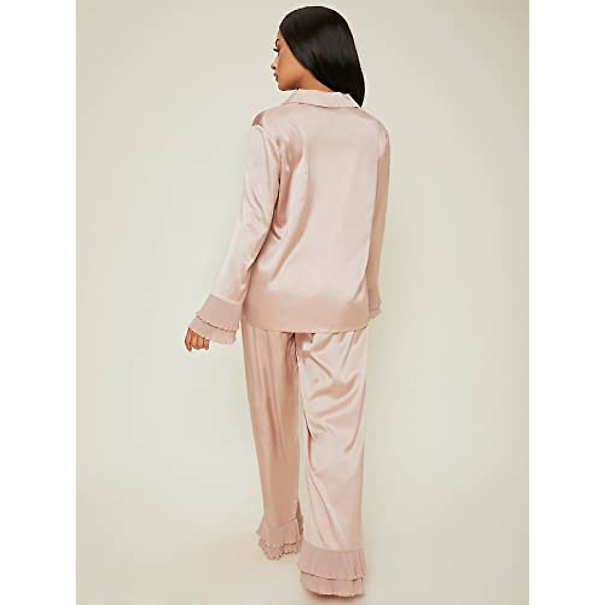 Verdusa Women's Satin Notch Collar Blouse and Ruffle Hem Pants PJ Set Champagne M