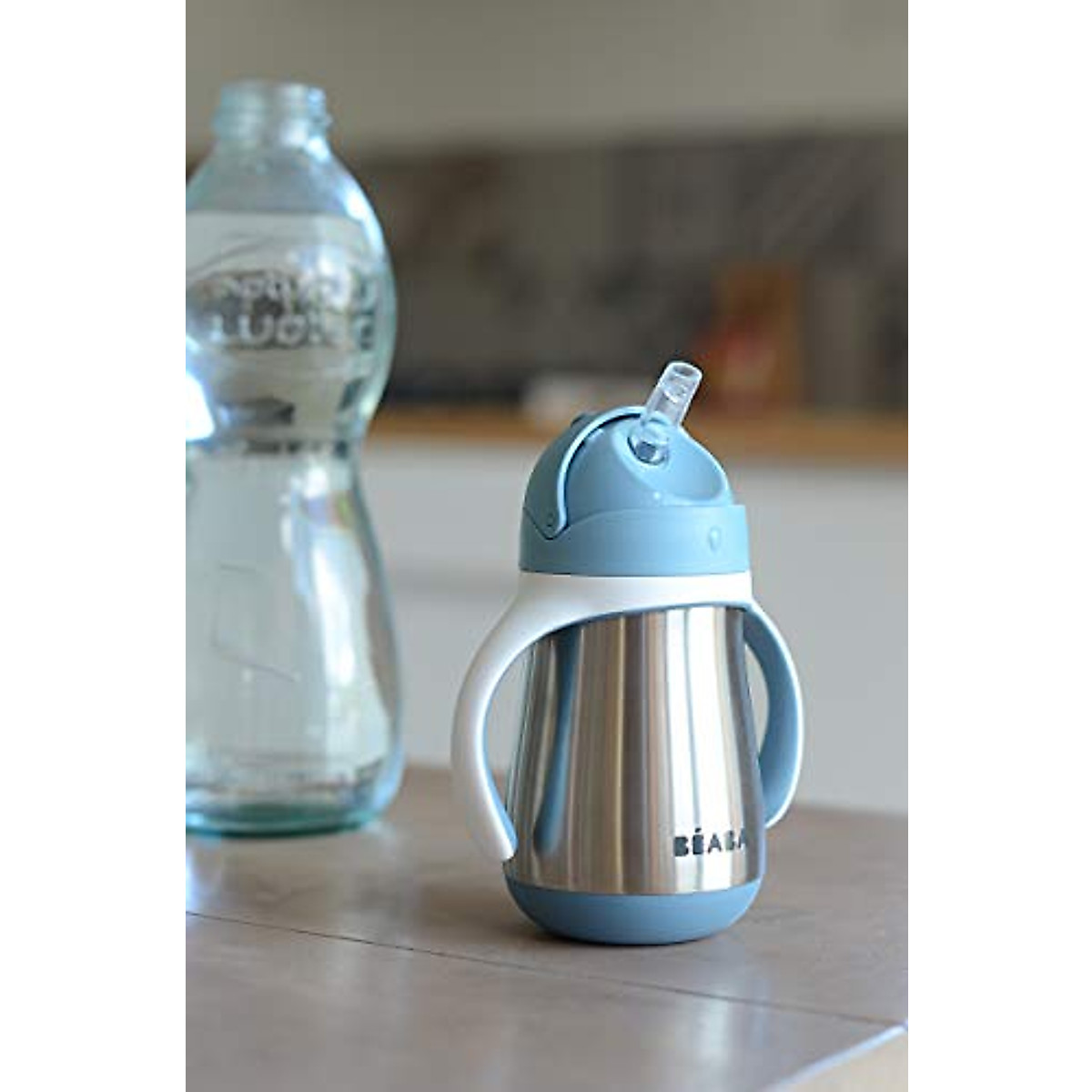 Beaba Stainless Steel Straw Sippy Cup, Sippy Cup with Removable Handles, Sippy Cup with Straw, 8+ months, 8.5 oz (Rain)