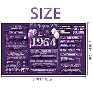 Crenics Purple 60th Birthday Decorations for 1964, Back in 1964 Birthday Backdrop Banner 5.9 x 3.6 Ft, 60 Years Old Birthday Party Supplies for Women