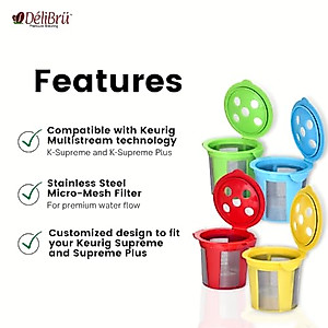 DeliBru Reusable K Cups for Keurig Supreme and K Supreme Coffee Maker - Pack of 4 [Red, Yellow, Green, Blue]