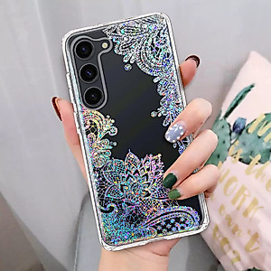 Coolwee Clear Glitter for Samsung Galaxy S23 Plus Case Thin Flower Slim Cute Crystal Lace Bling Sparkle Floral Hard Plastic Cover Back Soft TPU Bumper Protective Mandala Henna Anti Yellowing
