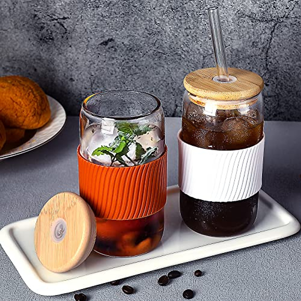 YYC Glass Cups with Lids and Straws 4pcs[Coffee Accessories Gifts],16oz Iced Coffee Cups with Lids-Beer Can Glass with Lids and Straw,Cute Glass Cups Drinking Glasses Set w Silicone Sleeve/Stickers
