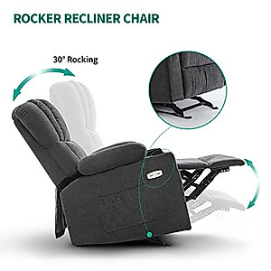 YITAHOME Glider Rocker Recliner Chair with Massage and Heat, Fabric Recliner Chair, Manual Rocking Recliner Chair with 2 Cup Holders, USB Charge Port and Side Pocket,Grey