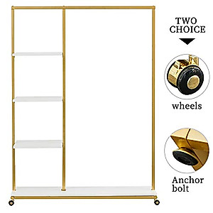 BOSURU Rolling Gold Clothing Racks on Wheels with Metal Pipes Modern Floor Standing Clothes Display Racks Hanging Clothes 4-Tier Garment Rack with Wood Shelves for Bedroom Living Room Cloth Store 59"