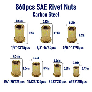 860pcs Rivet Nut Kit, SAE UNC Rivet Nuts Assortment Carbon Steel Flat Head Rivnut Threaded Insert Nut Including 6#-32, 8#-32, 10#-24, 1/4"-20, 5/16"-18, 3/8"-16, 1/2"-13, Yellow Zinc Plated Finish