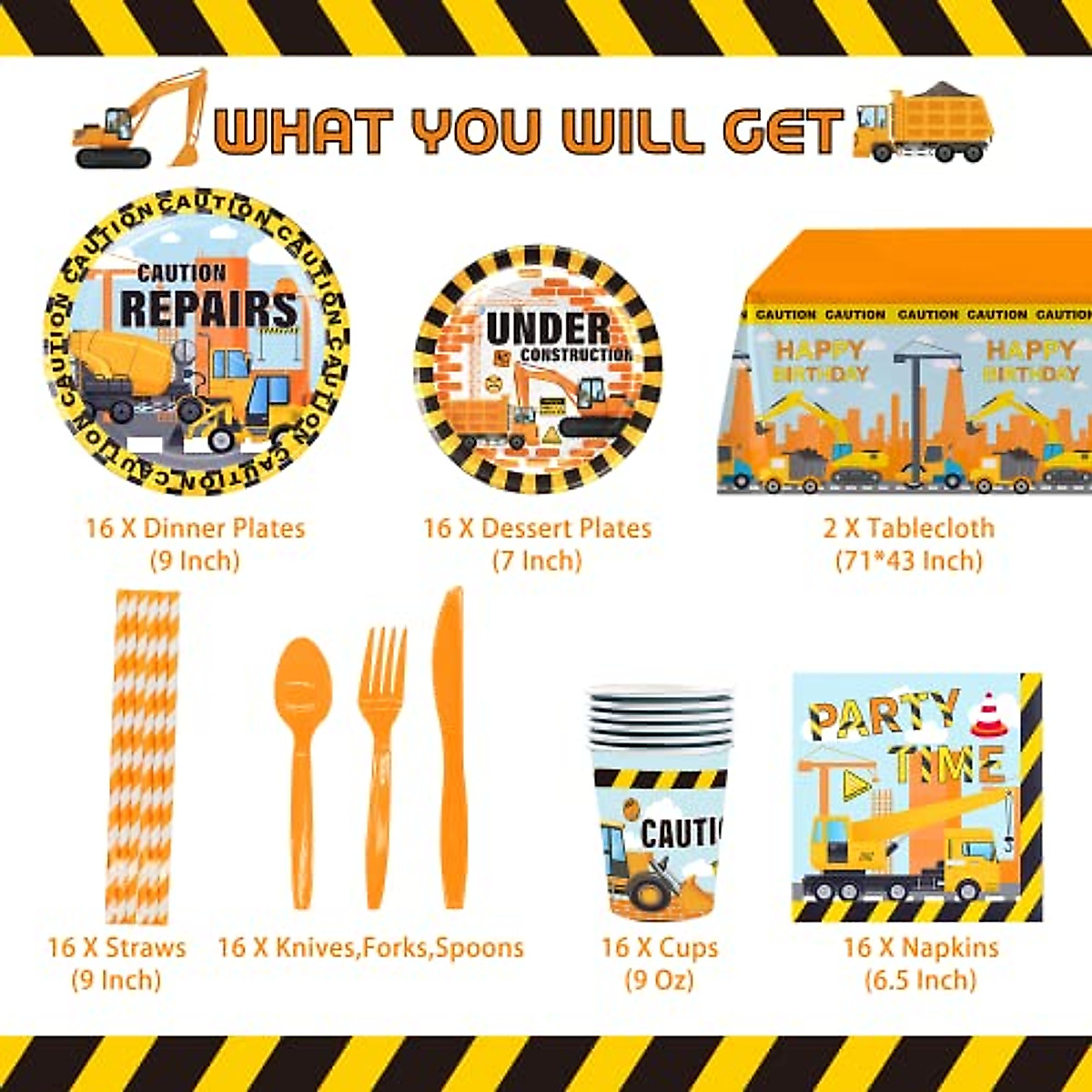 Construction Birthday Party Supplies, 207 Pcs Dump Truck Party Decoration For Boys Kids Birthday Party - Banner, Cake and Cupcake Toppers, Forks, Knives, Spoons, Straws, Plates, Balloons, Invitation Cards, Tablecloth, Party Signs, Cups, Napkins Serves 16