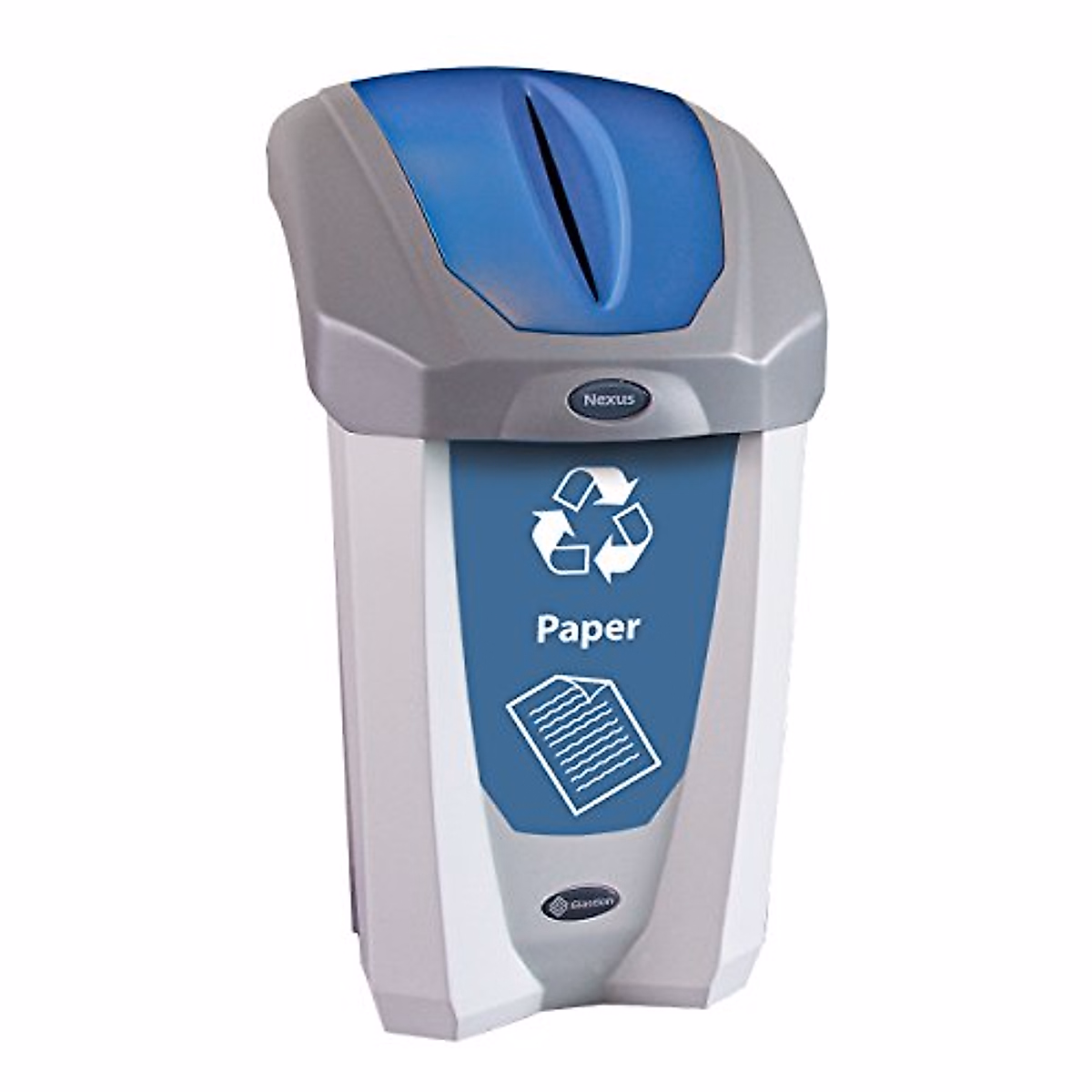 Glasdon Nexus 8G Paper Recycling Bin (Gray, Blue Sticker) – 8-Gallon Paper Recycling Container for Indoor Use – Compact Office Recycling Bin for Used Paper – Plastic