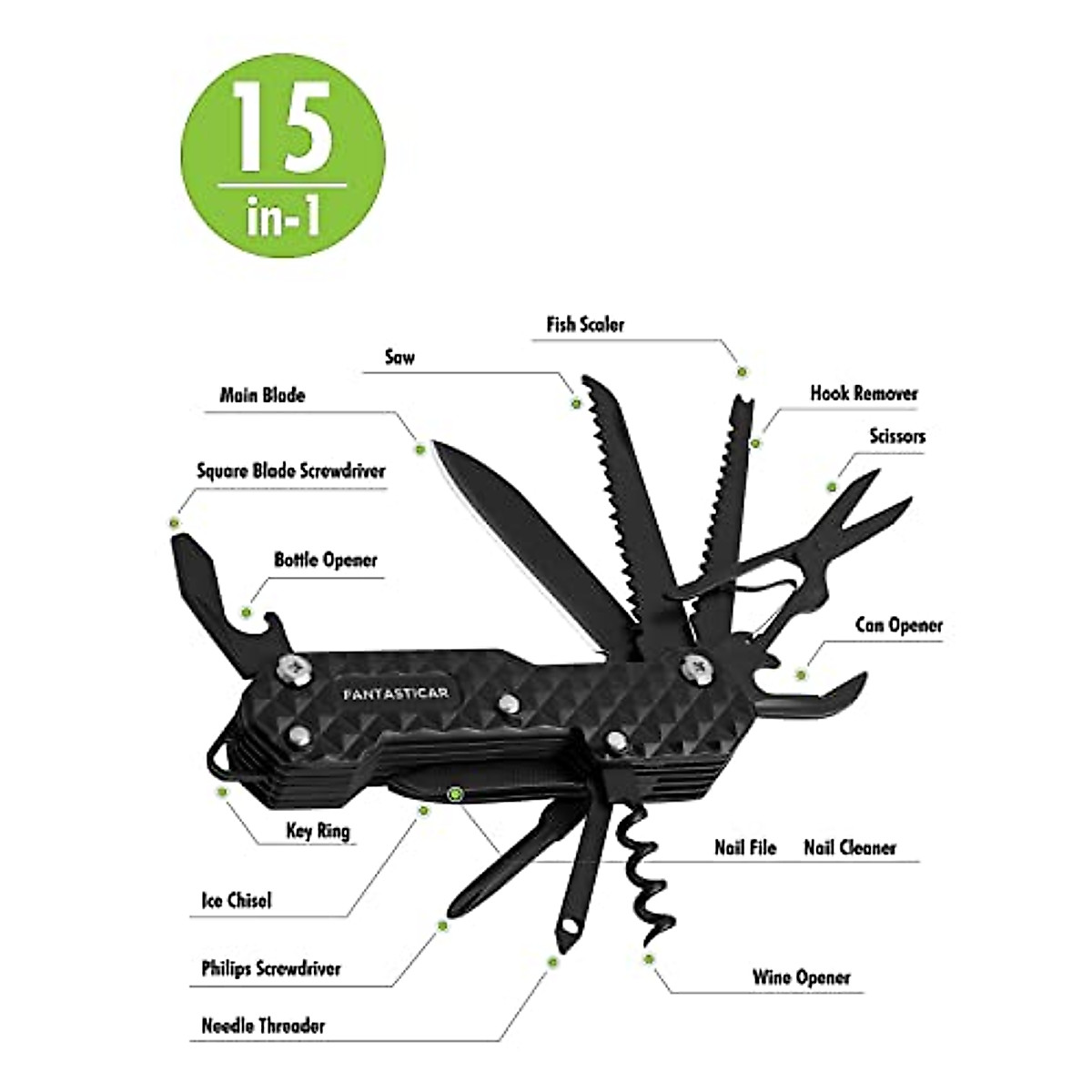 FantastiCAR 15 in 1 Multi-Tool, EDC Folding Pocket Knife with Premium Gift Box for Camping, Fishing, Hunting, Survival, Outdoor (Black)