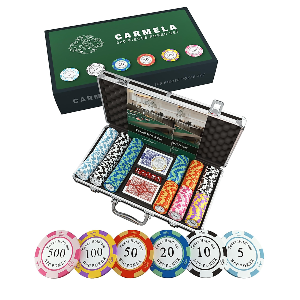 Bullets Poker Set with Designer Case Carmela – Deluxe Set, Chips and Cards, Rules Manual, Dealer Button and Bullets Plastic Playing Cards – Comes with a Case, 300 Clay Poker Chips.