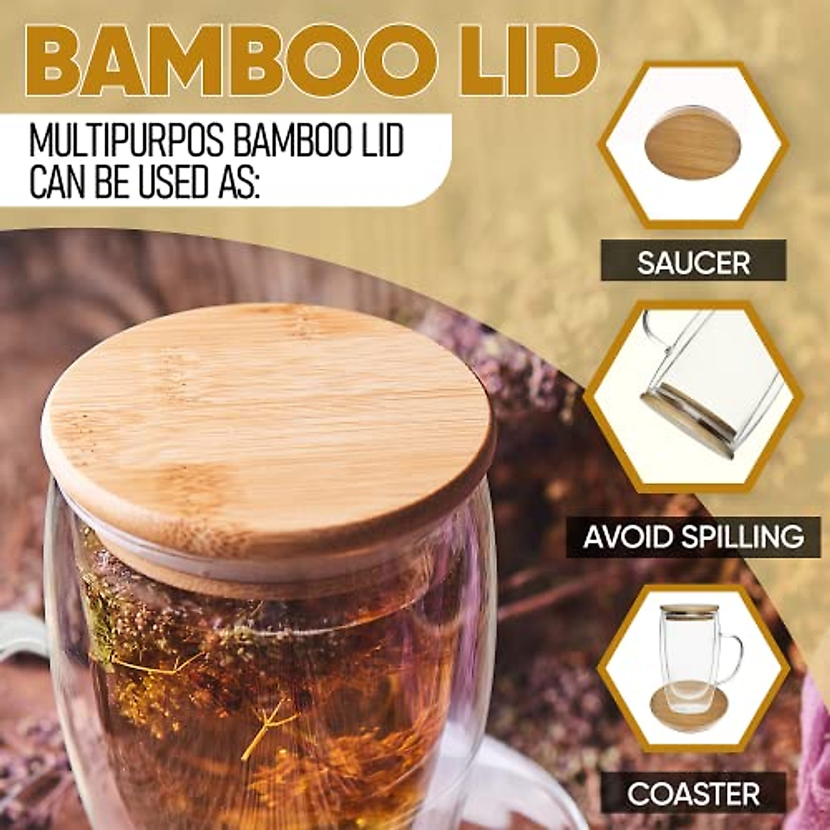 Double Walled Glass Coffee Mugs By Chef"s Unique Insulated Coffee Mugs With Handle And Bamboo Lid, Clear Glass Cups For Coffee Tea Latte Cappuccino Espresso 16 OZ (Set of 2)