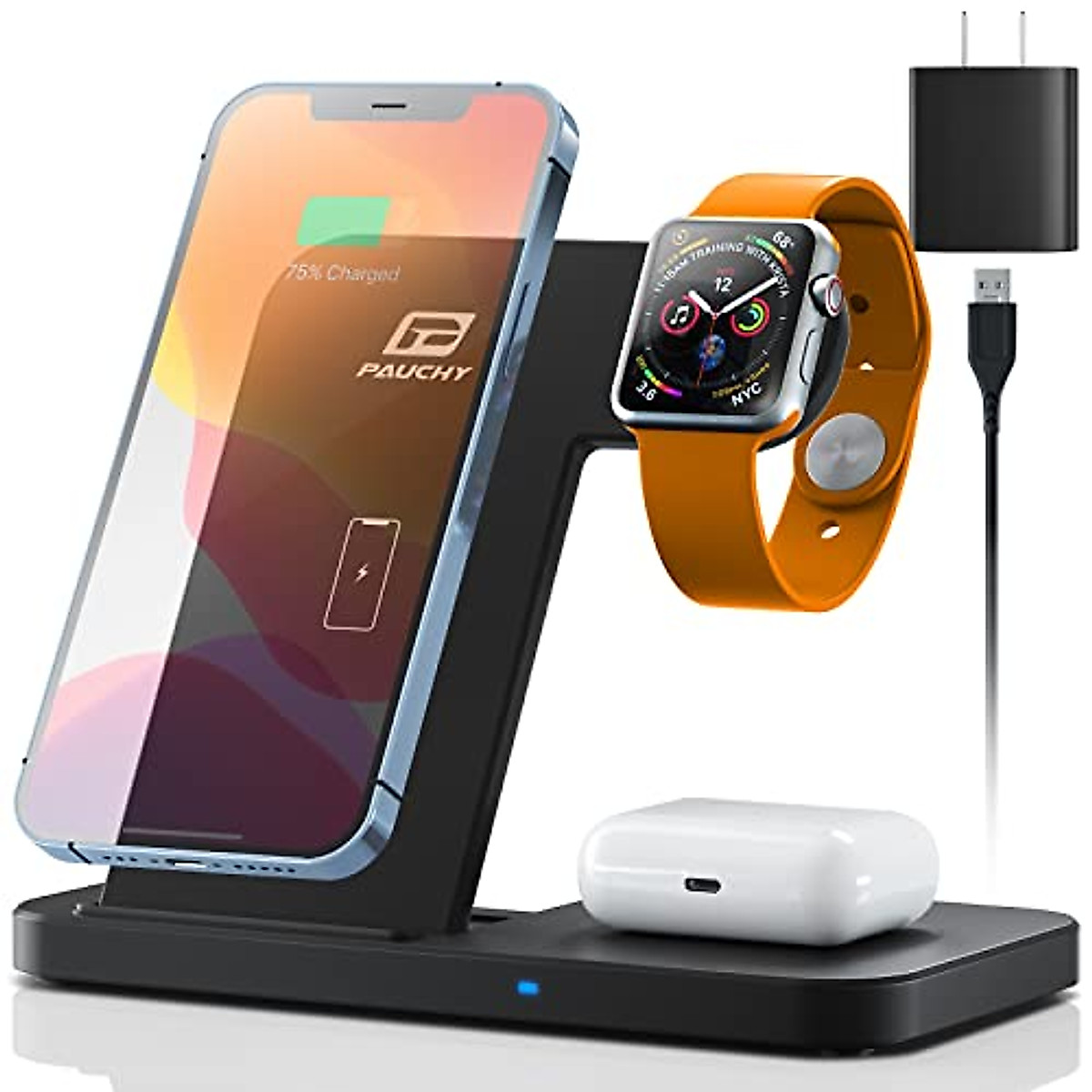 Wireless Charger, PAUCHY 3 In 1 Fast Wireless Charging Station, Qi Wireless Charger for iPhone 13/12/11/Pro/XS/XR, Foldable Wireless Charging Stand Compatible with iWatch 6/SE/5/4/3/2, Airpods 3/2/Pro