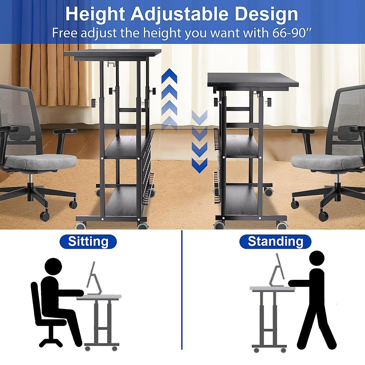AIZ Rolling Laptop Cart with Storage for Small Spaces Portable Mobile Adjustable Computer Table on Wheels for Couch Bedrooms Black 39.4’’x19.7’’