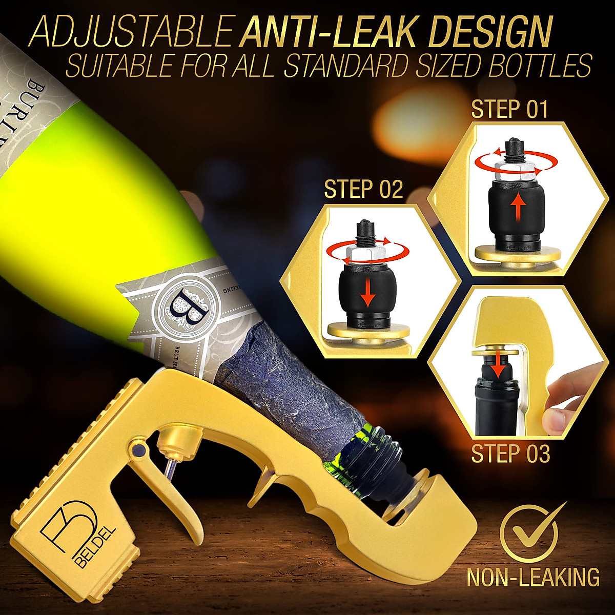 BELDEL Champagne Gun Shooter - 3-in-1 Beer Gun Set with Champagne Stopper and Bottle Opener Keychain, Fun Alcohol Gun Shooter for Bars, Bachelor Party, Wedding, Christmas, Birthday, Festivals